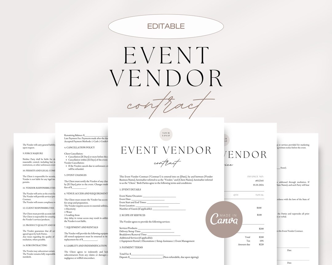 Editable Event Vendor Contract, Vendor Agreement for Weddings and ...