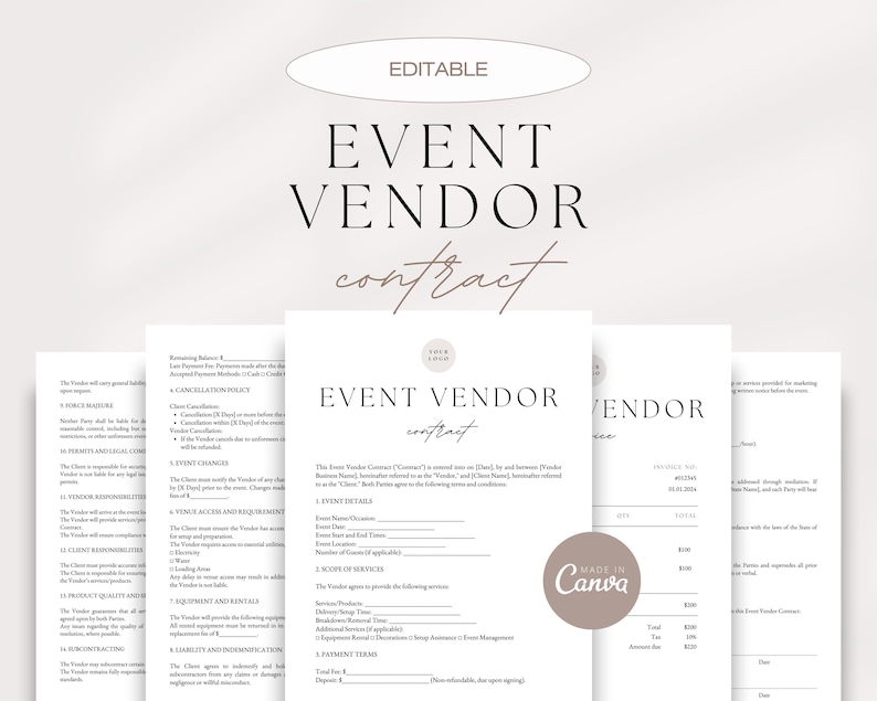 Editable Event Vendor Contract, Vendor Agreement for Weddings and ...