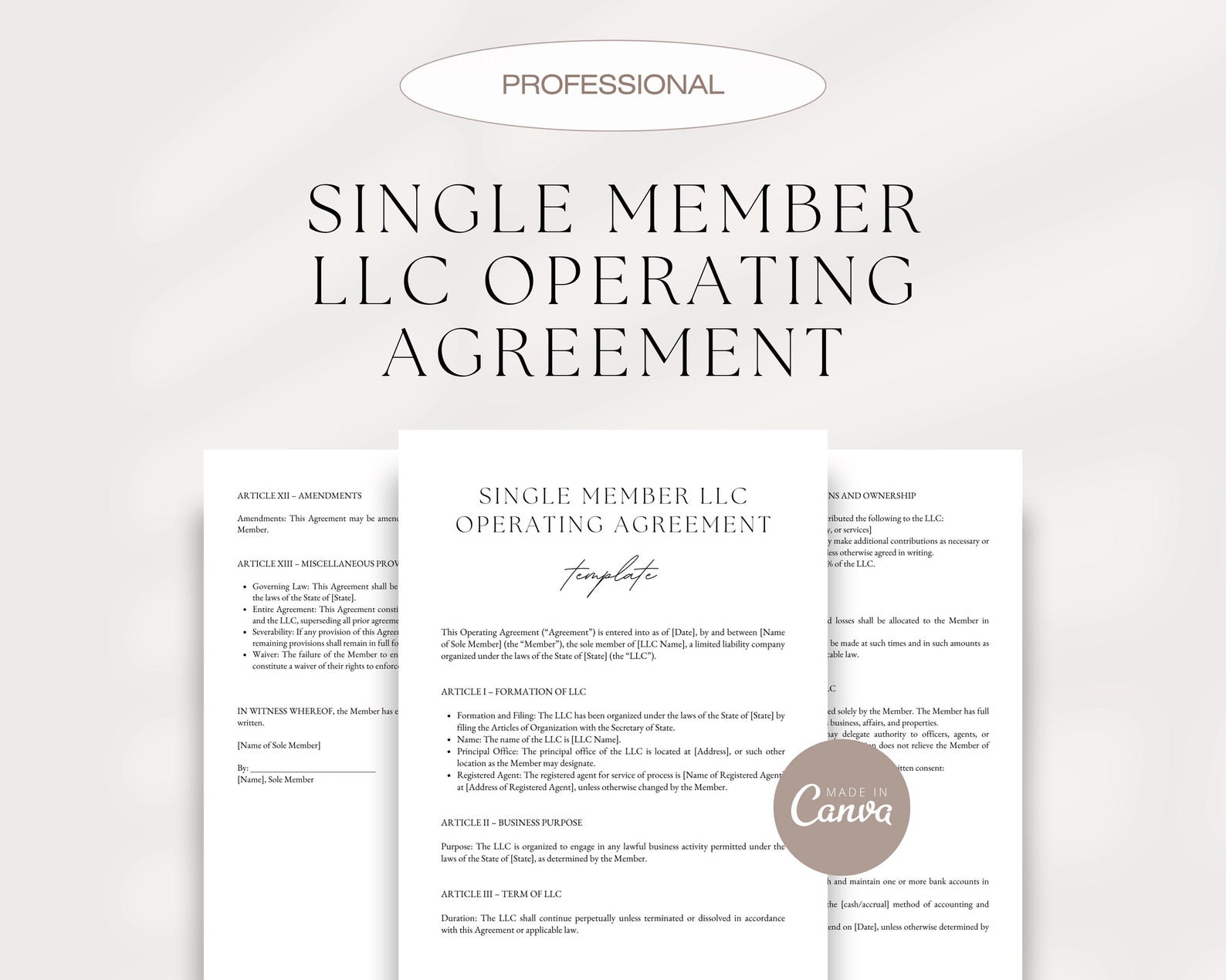 Single Member LLC Operating Agreement Template: Editable Canva Document ...