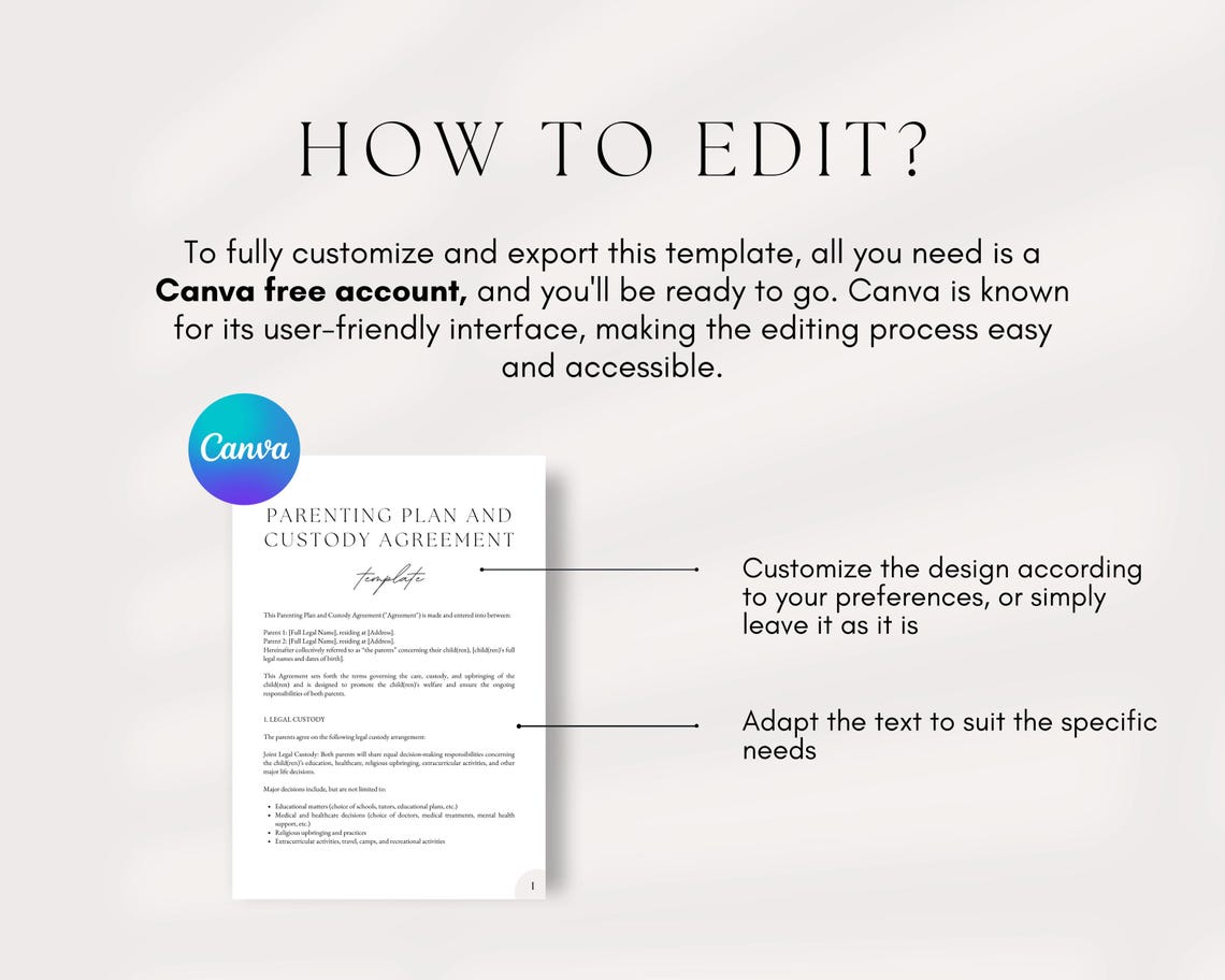 Parenting Plan and Custody Agreement, Editable Parenting Agreement ...