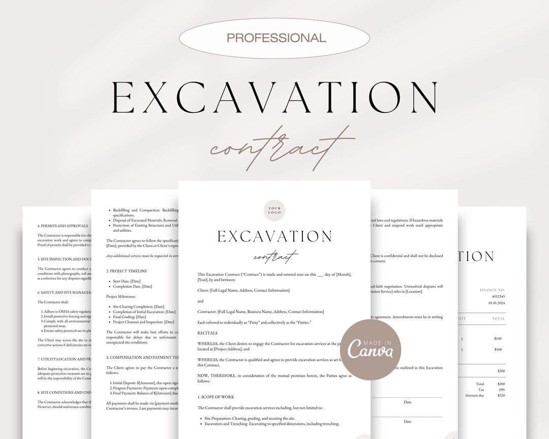 Excavation Contract Template, Excavation Services Agreement, Excavation ...