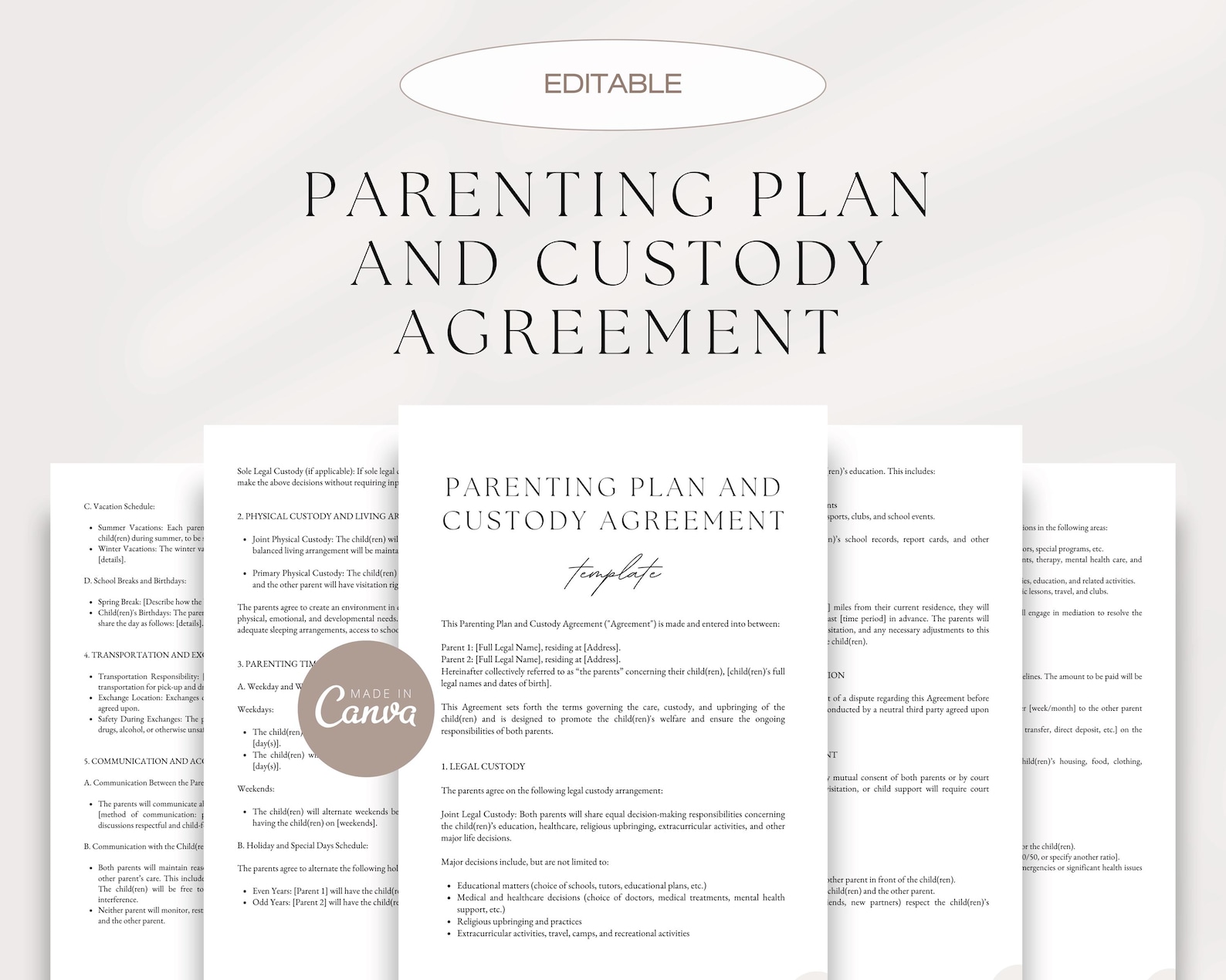Parenting Plan and Custody Agreement, Editable Parenting Agreement ...