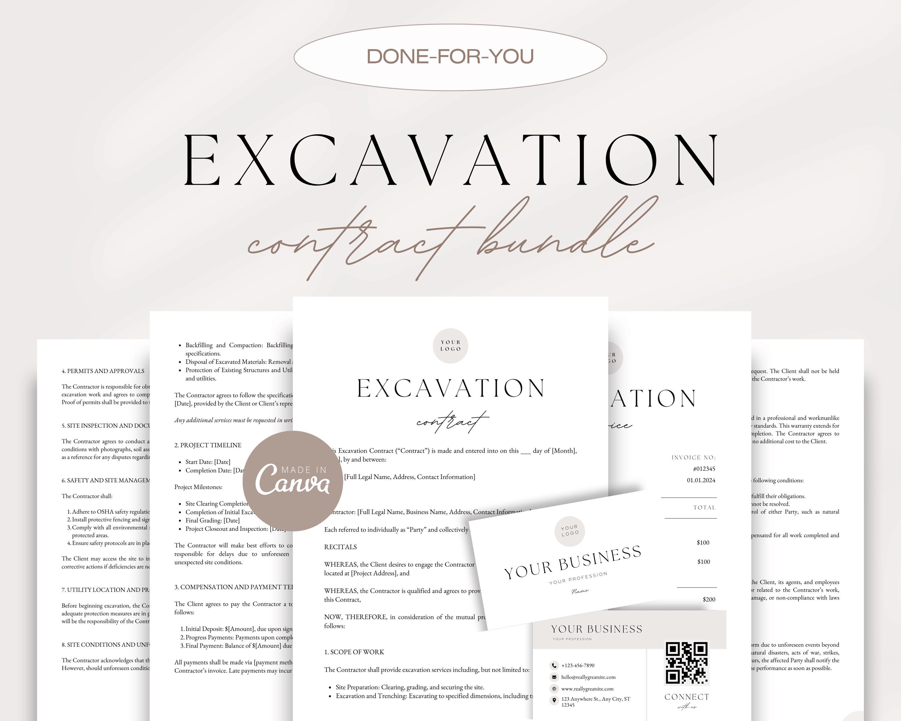 Excavation Contract Template Bundle: Contractor Agreement (canva) - Etsy