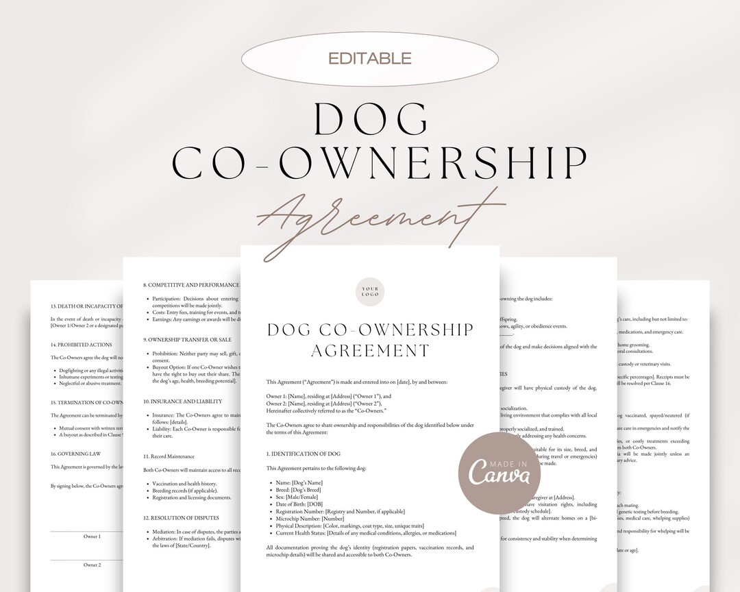 Editable Dog Co-ownership Agreement, Pet Sharing Agreement, Dog ...