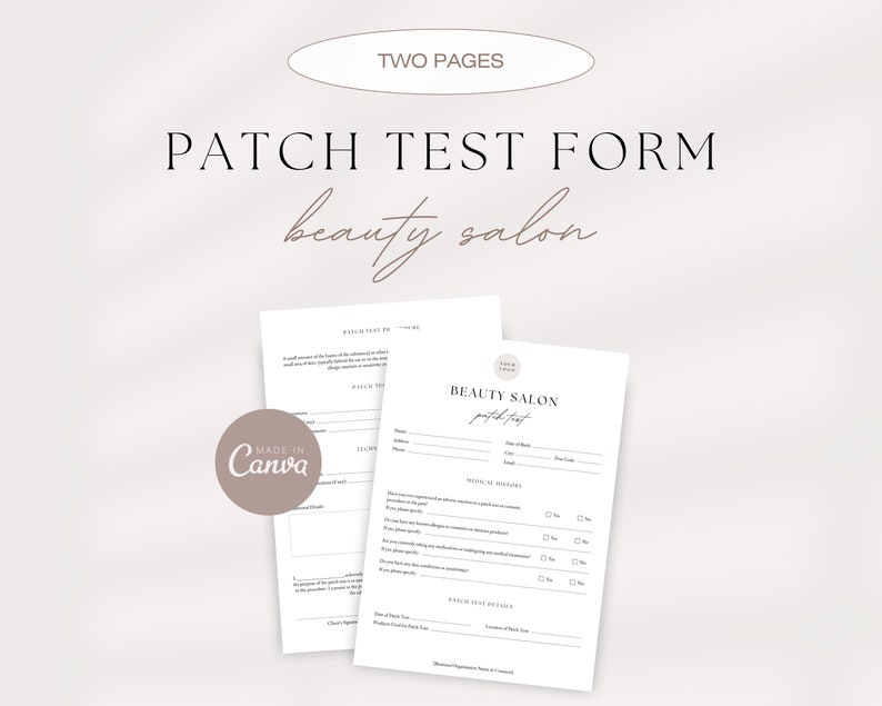 Patch Test Consent Form, Patch Test Waiver, Beauty Treatment Patch Test ...