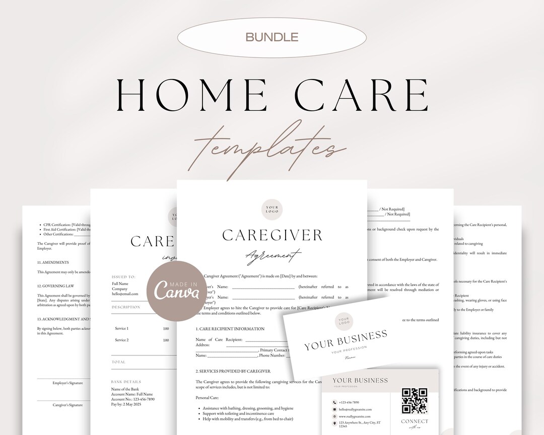 Home Care Business Templates: Caregiver Agreement, Business Card (canva ...