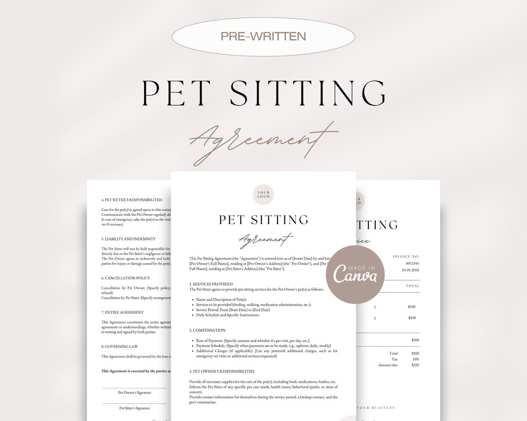 Pet Sitter Contract, Pet Sitter Agreement, Dog Walking Contract, Pet ...