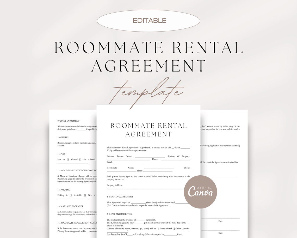 Editable Roommate Rental Agreement, Co-tenant Agreement, Room Rental ...