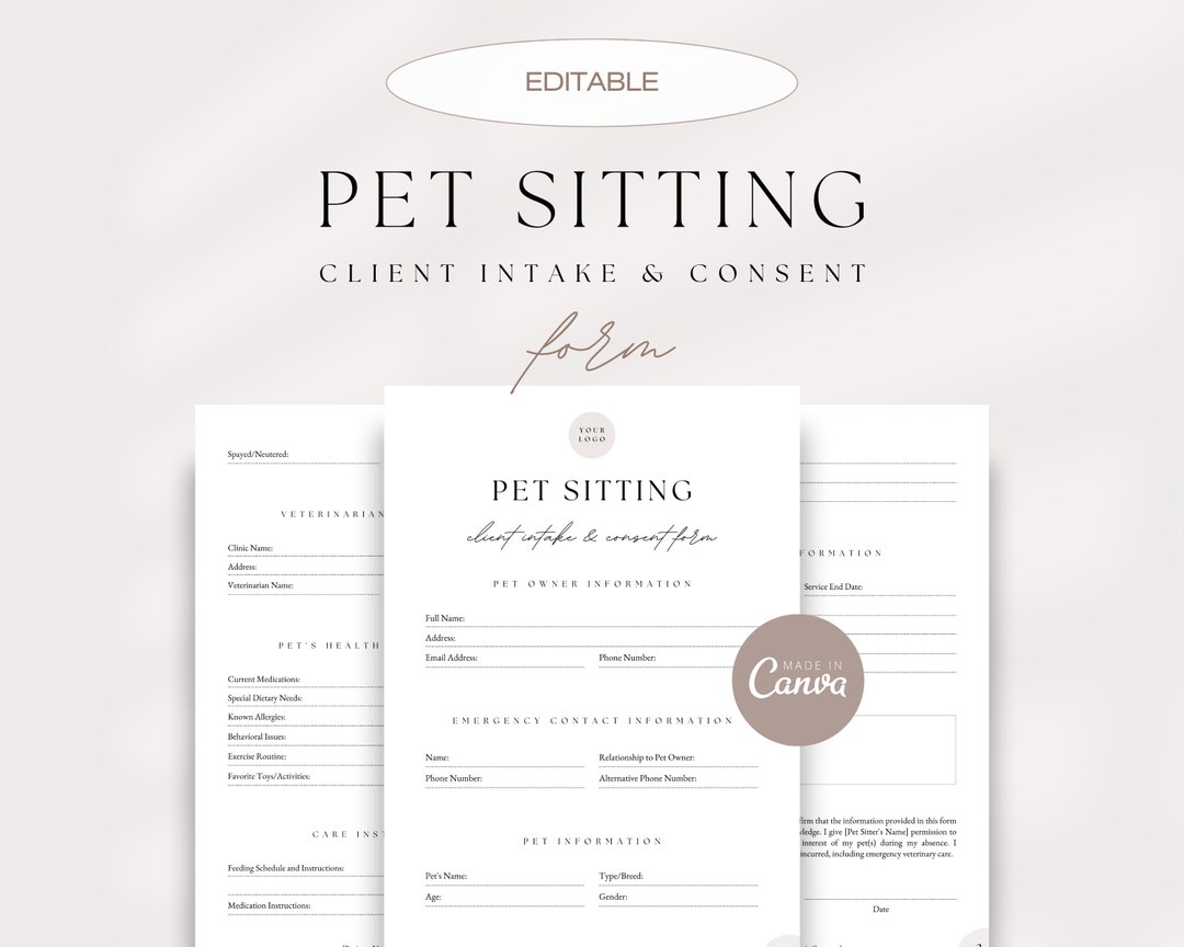 Pet Sitter Client Intake & Consent Form, Pet Sitter Consent, Pet Care ...