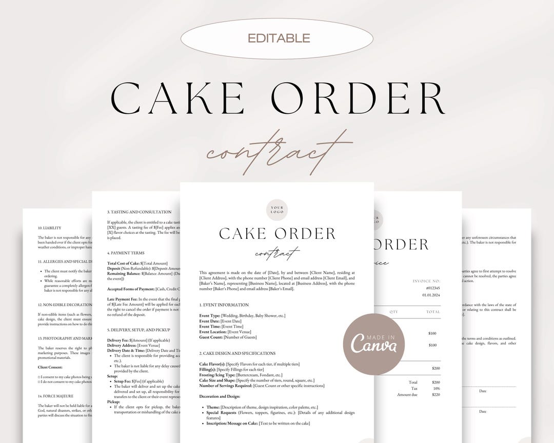 Editable Cake Contract, Cake Order Form, Wedding Cake Contract, Custom ...