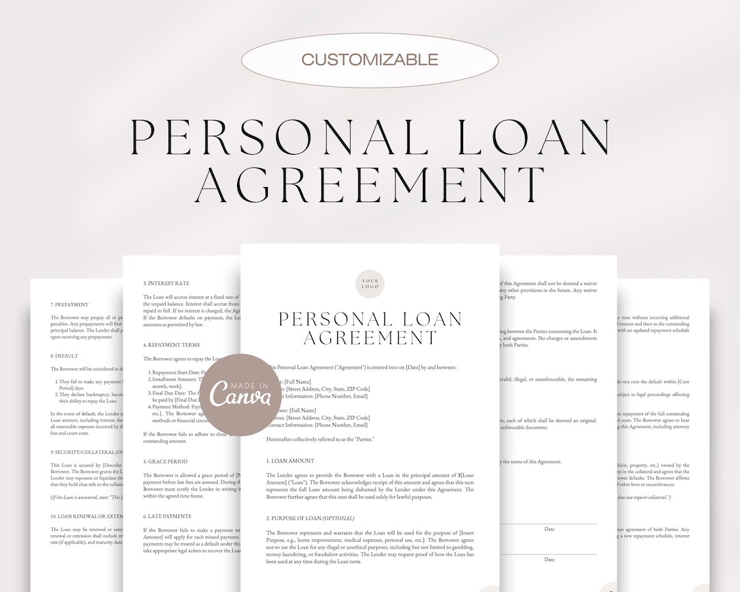 Personal Loan Agreement Template, Customizable Loan Contract, Borrower ...