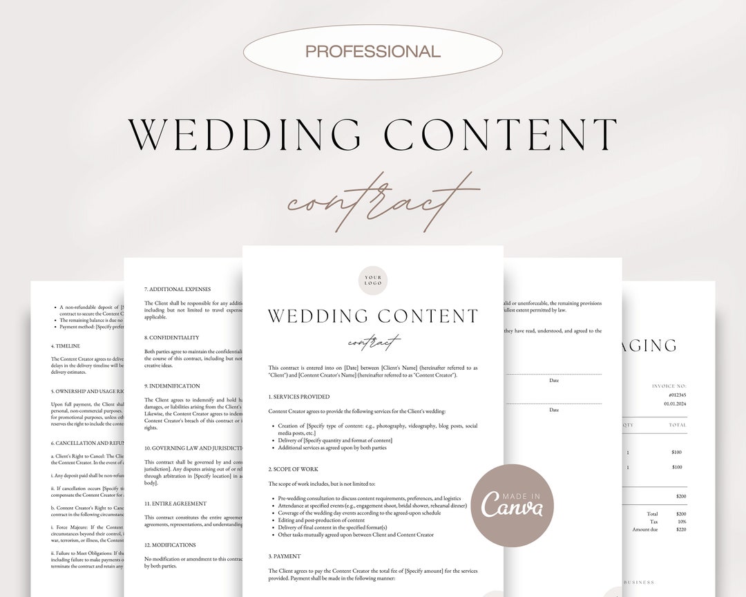 Wedding Content Contract, Professional Wedding Content Agreement ...