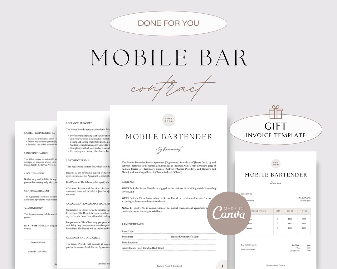 Mobile Bar Contract, Bartender Service Agreement, Bartending Forms, Mobile Bar Contract Template ...