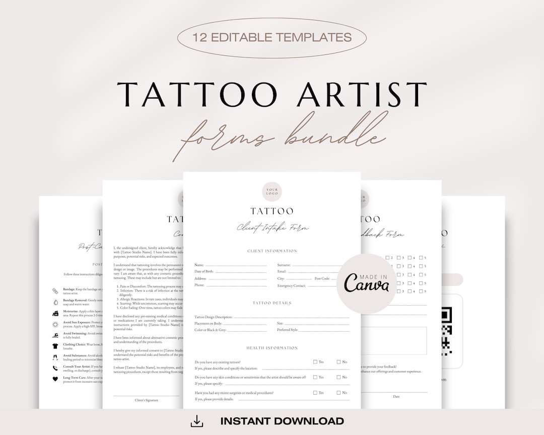 Editable Tattoo Artist Forms Bundle, Tattoo Parlor Consultation Forms ...