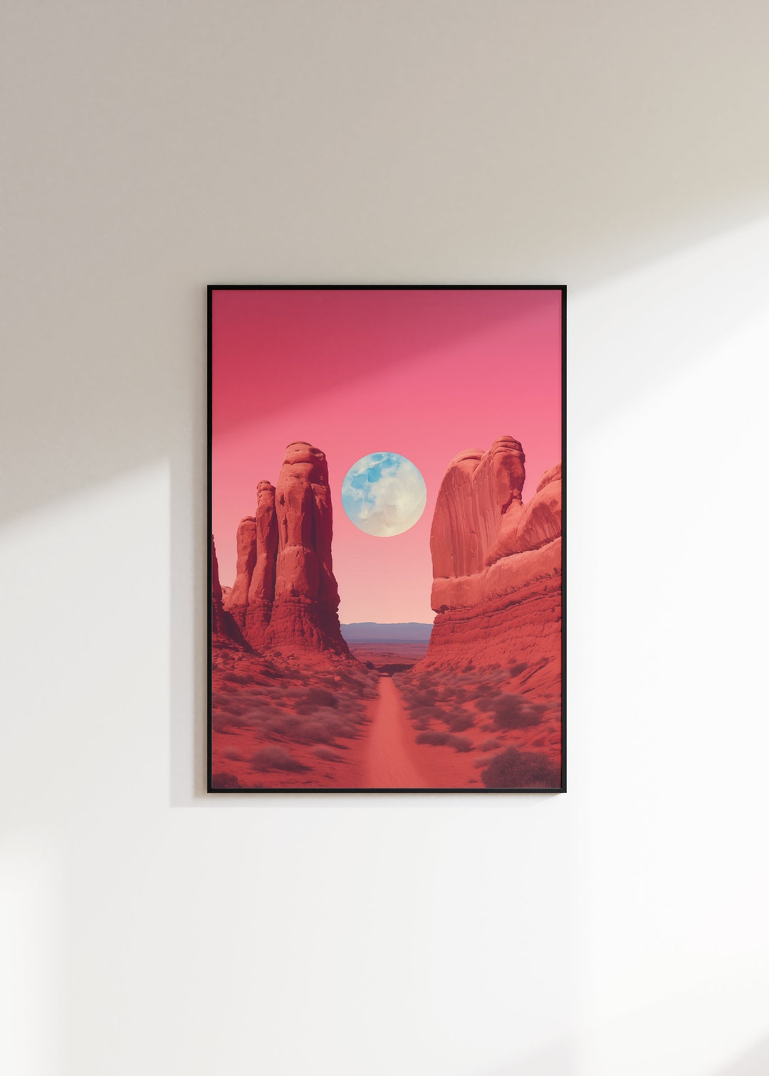 Cosmic Abstract Wall Art, Pink Sky Poster, Sunset Moon Print, Retro ...