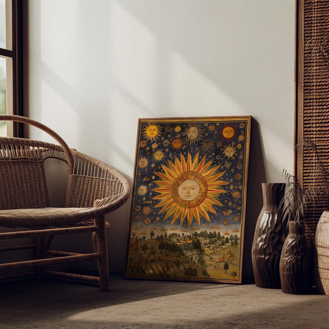 Boho Sun Poster Folk Illustration Print, Illustration Celestial Vintage ...