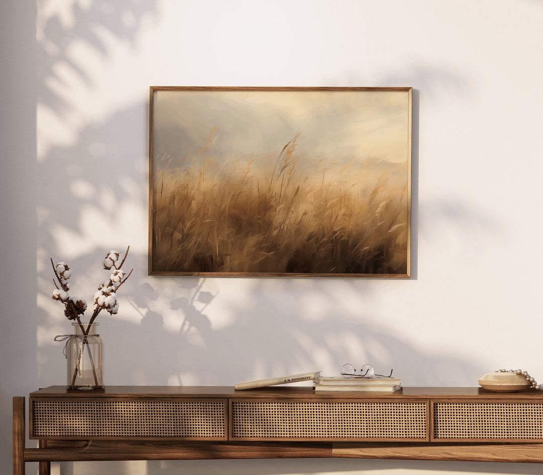 Neutral Fields Landscape Art Print, Rustic Beige Painting (digital ...