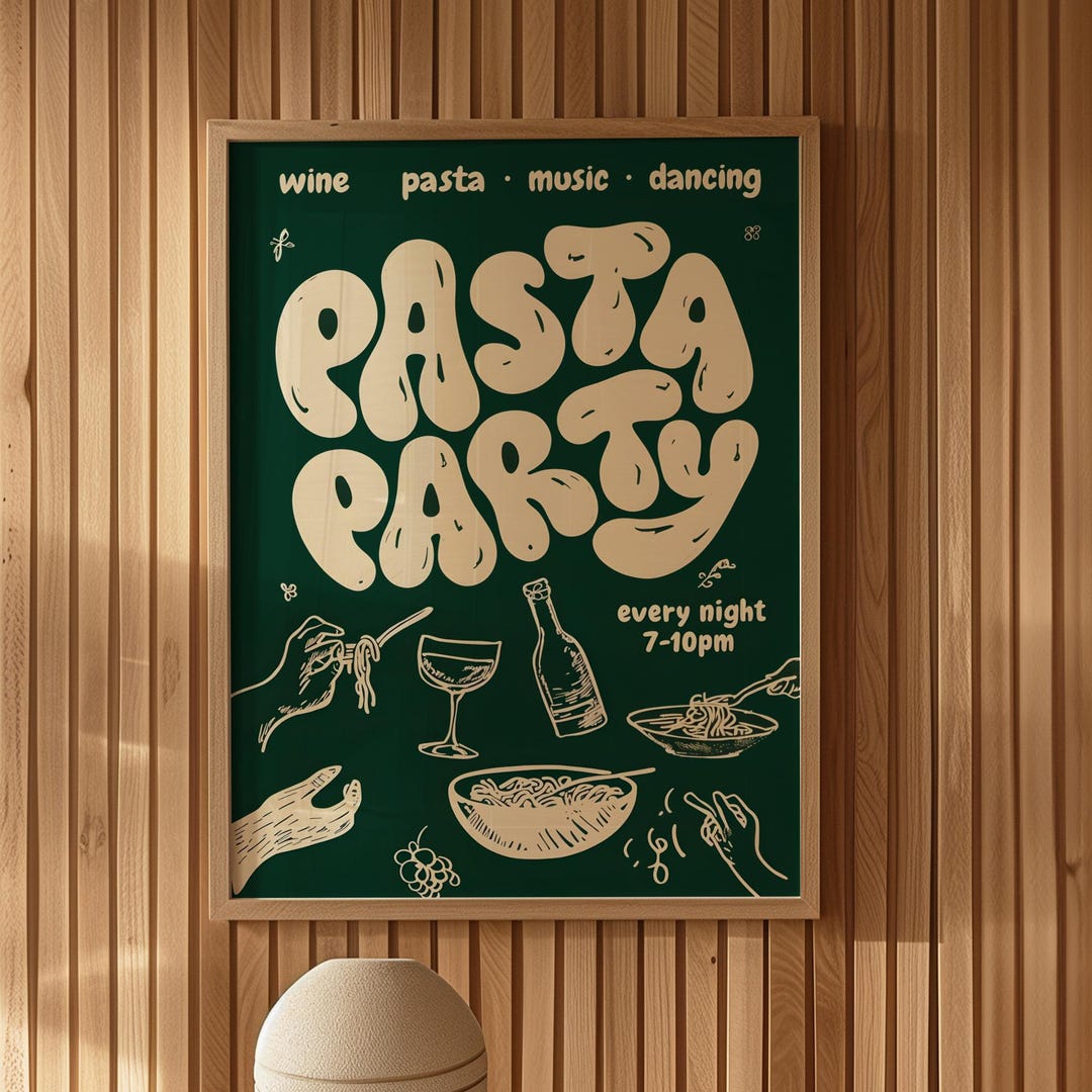 Pasta Party Food Print Kitchen Poster Music Wall Art Green Poster Retro ...