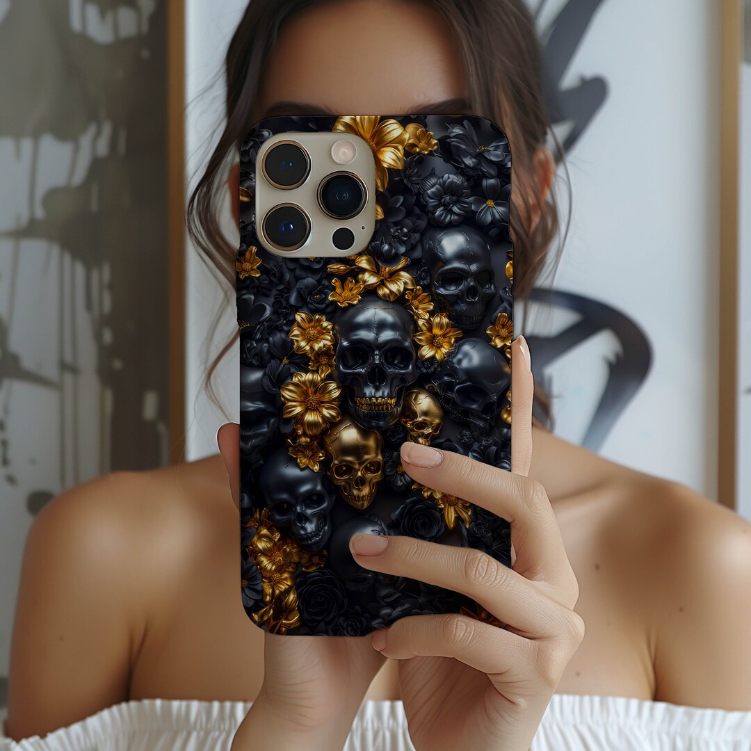 Gothic Elegance Floral Skull Case, iPhone 15 Pro Max, Black Gold Galaxy ...