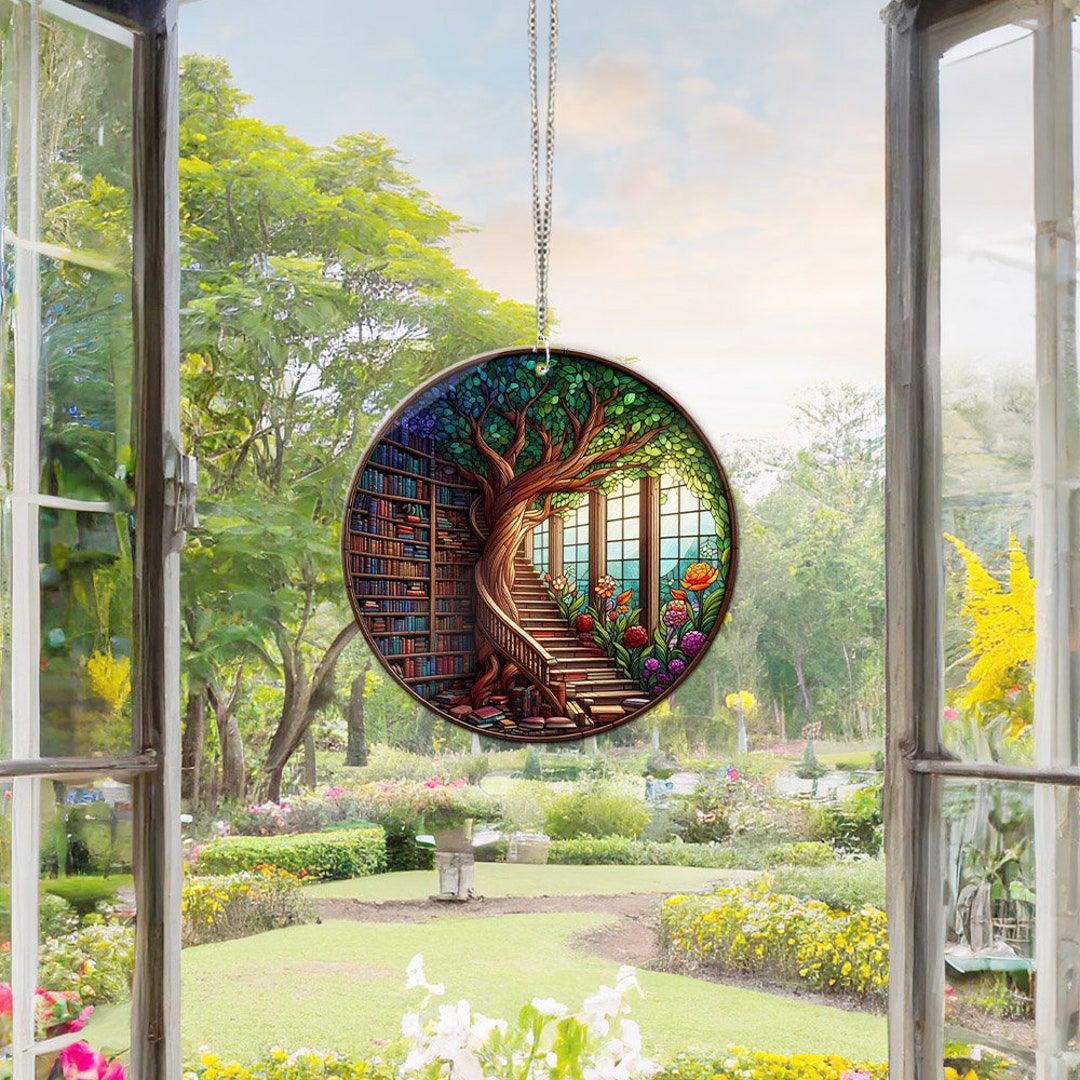 ACRYLIC Library Window Hanging, Tree of Life Gift, Bookshelf Wall Art ...