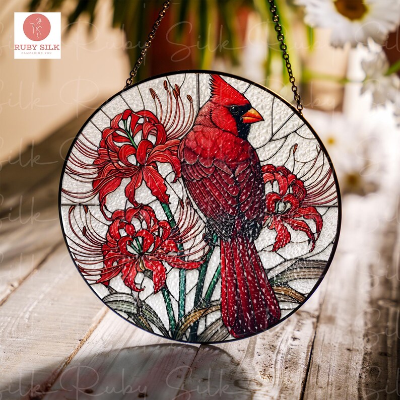 Cardinal With Red Spider Lily Flower STAIN GLASS Decor, Spider Lily ...