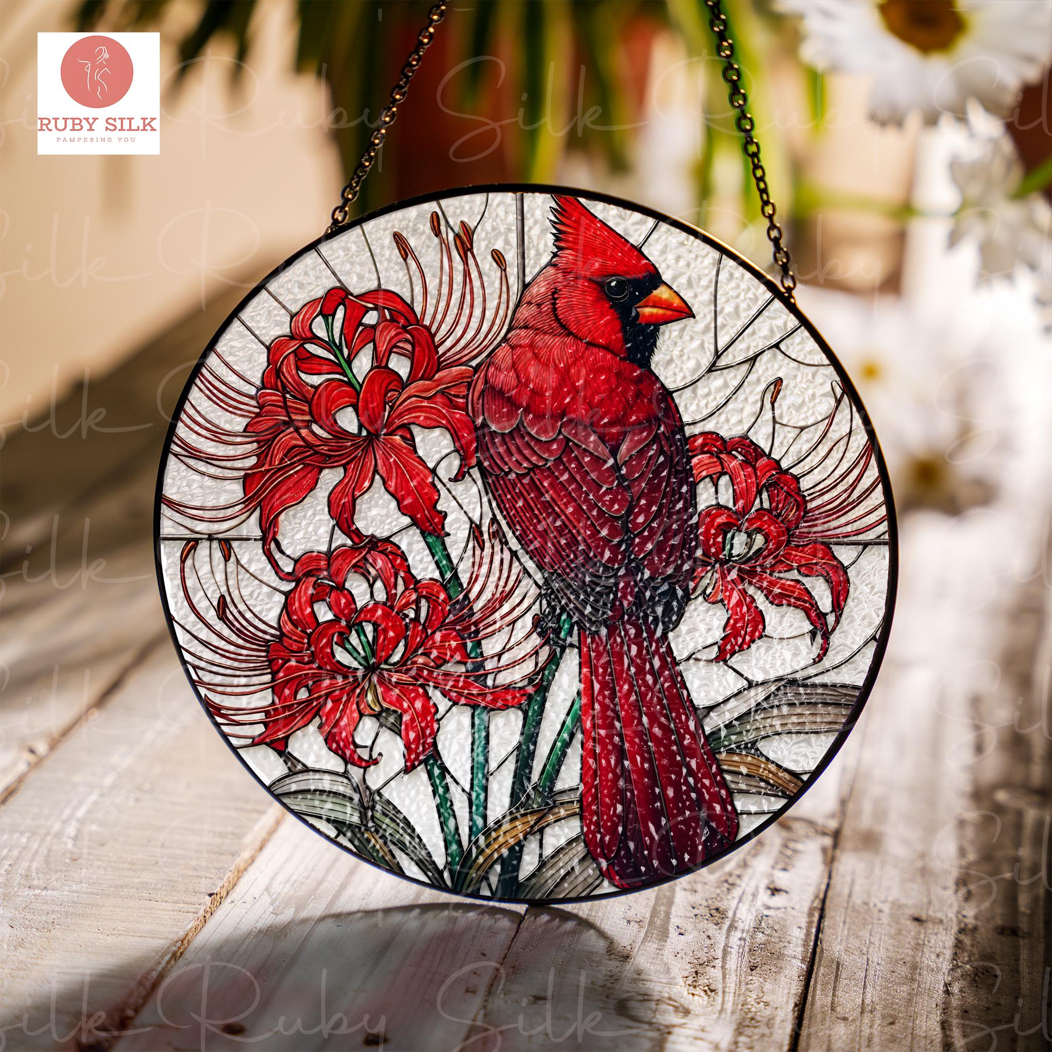 Cardinal With Red Spider Lily Flower STAIN GLASS Decor, Spider Lily ...