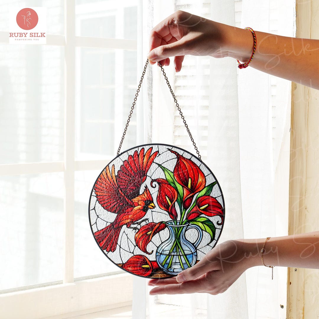 Red Calla Lily With Cardinal Bird STAIN GLASS Decor, Cardinal ...