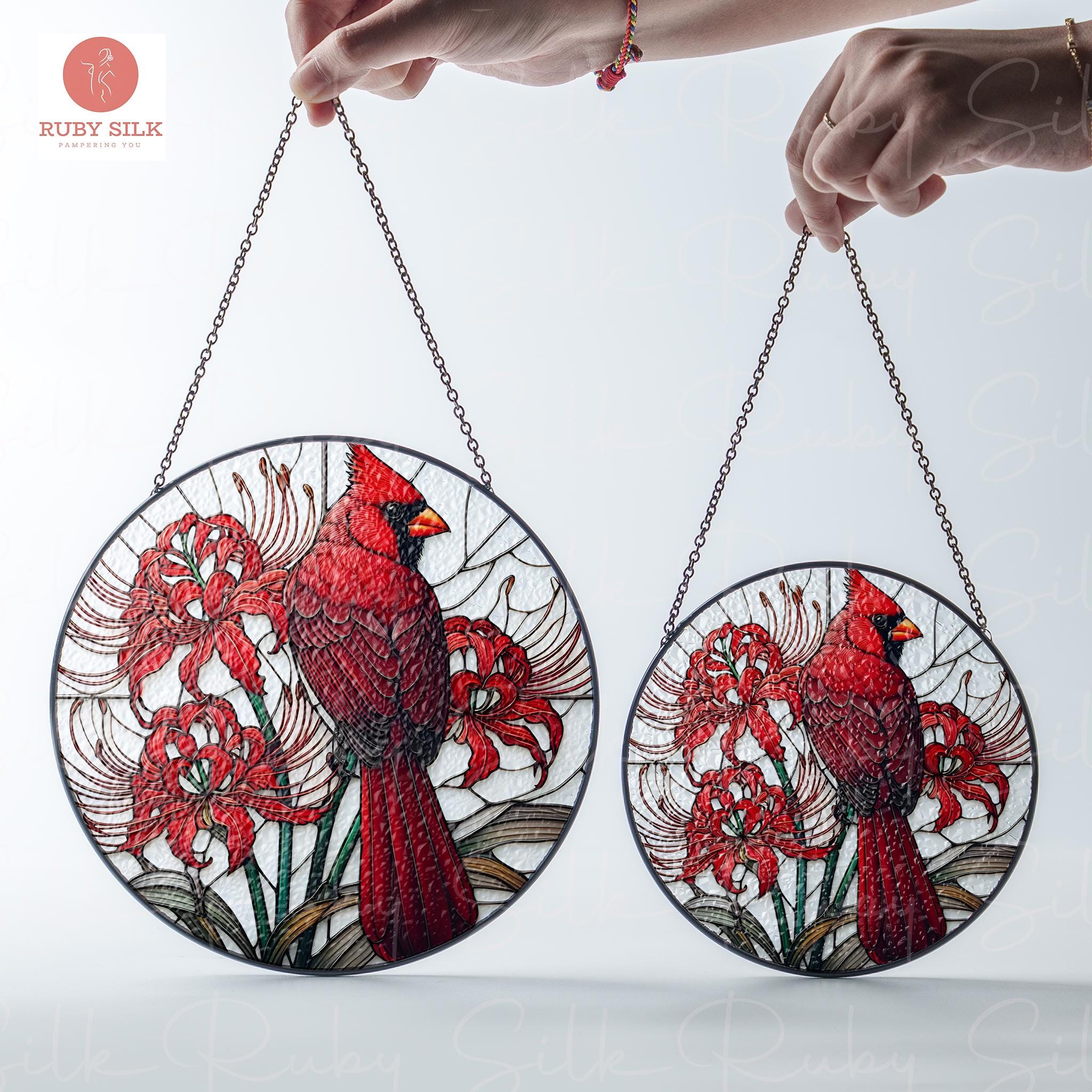 Cardinal With Red Spider Lily Flower STAIN GLASS Decor, Spider Lily ...