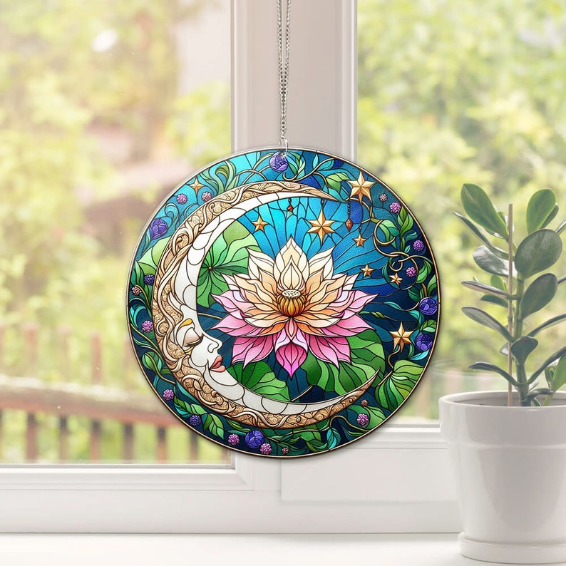 Lotus With Crescent Moon ACRYLIC Window Hanging Ornament, Lotus Yoga ...