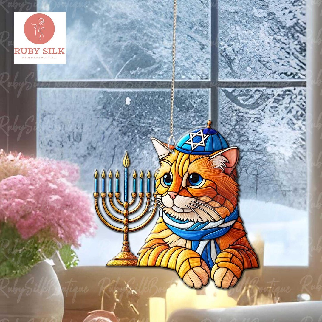 Peeking Orange Cat With Menorah ACRYLIC Window Hanging, Hanukkah ...