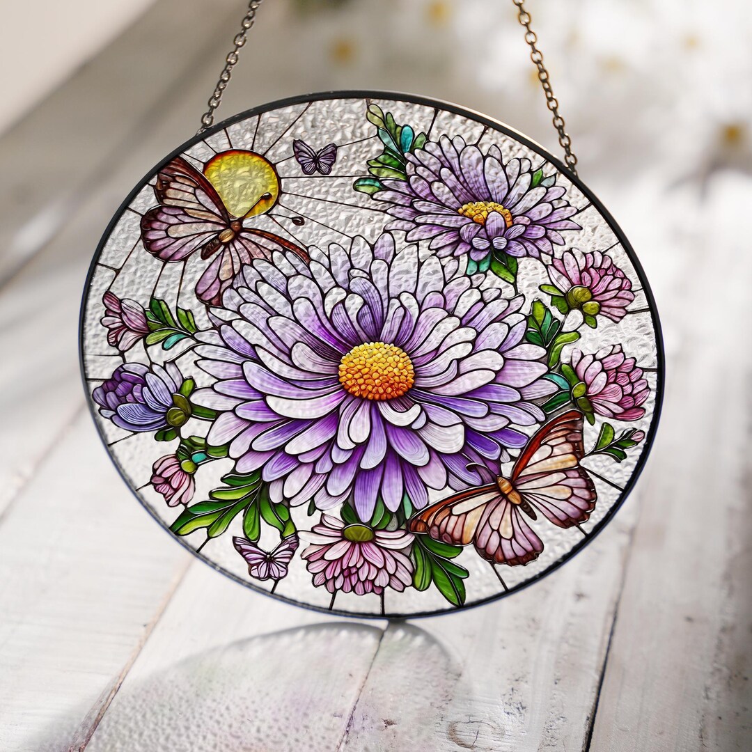 Purple Aster Flower and Butterfly GLASS Decor, Butterfly Lover Decor ...