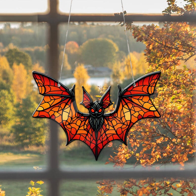 Spider Orange Bat ACRYLIC Window Hanging, Gothic Bat Decor, Halloween ...