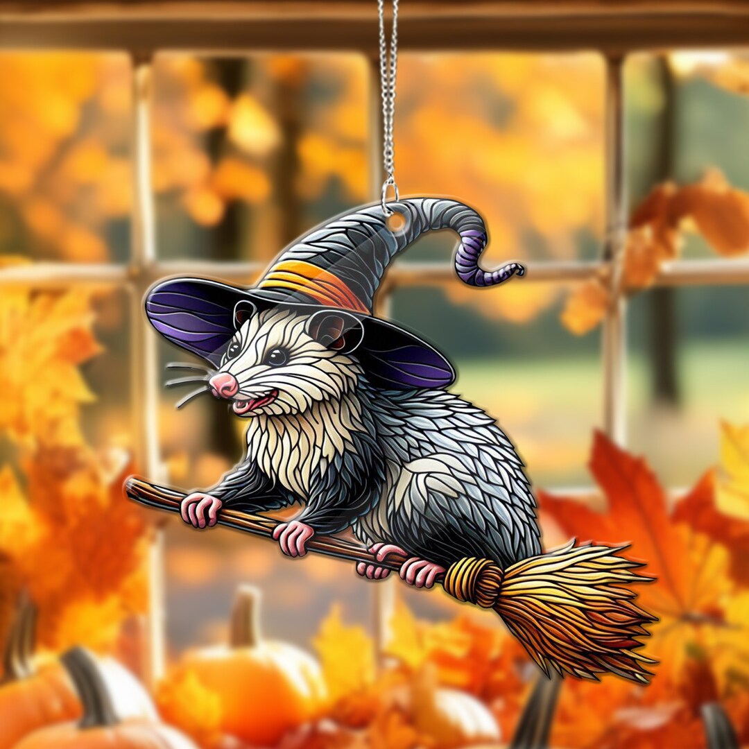 Halloween Opossum Witch ARCYLIC Window Hanging, Halloween Possum Decor ...