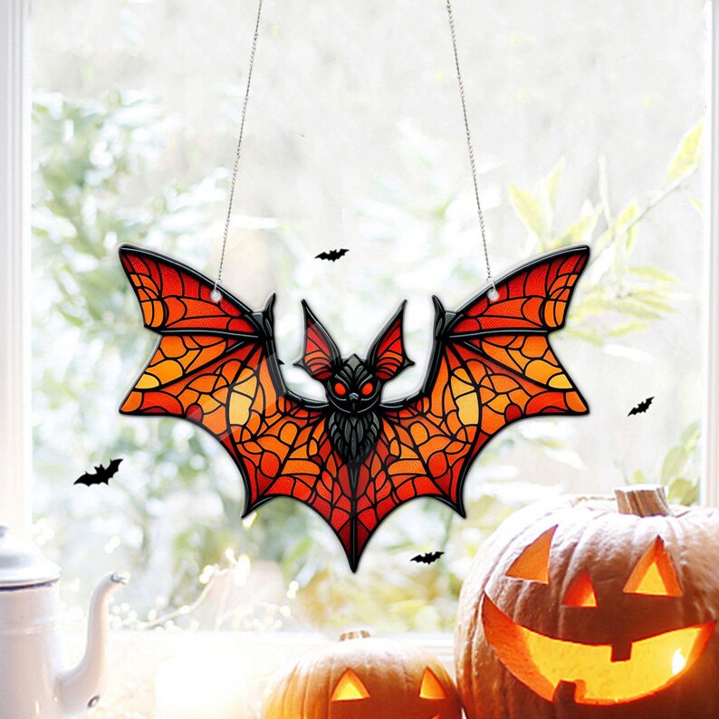 Spider Orange Bat ACRYLIC Window Hanging, Gothic Bat Decor, Halloween ...