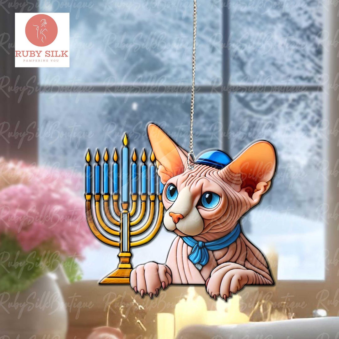 Peeking Sphynx Cat With Menorah ACRYLIC Window Hanging, Hanukkah ...
