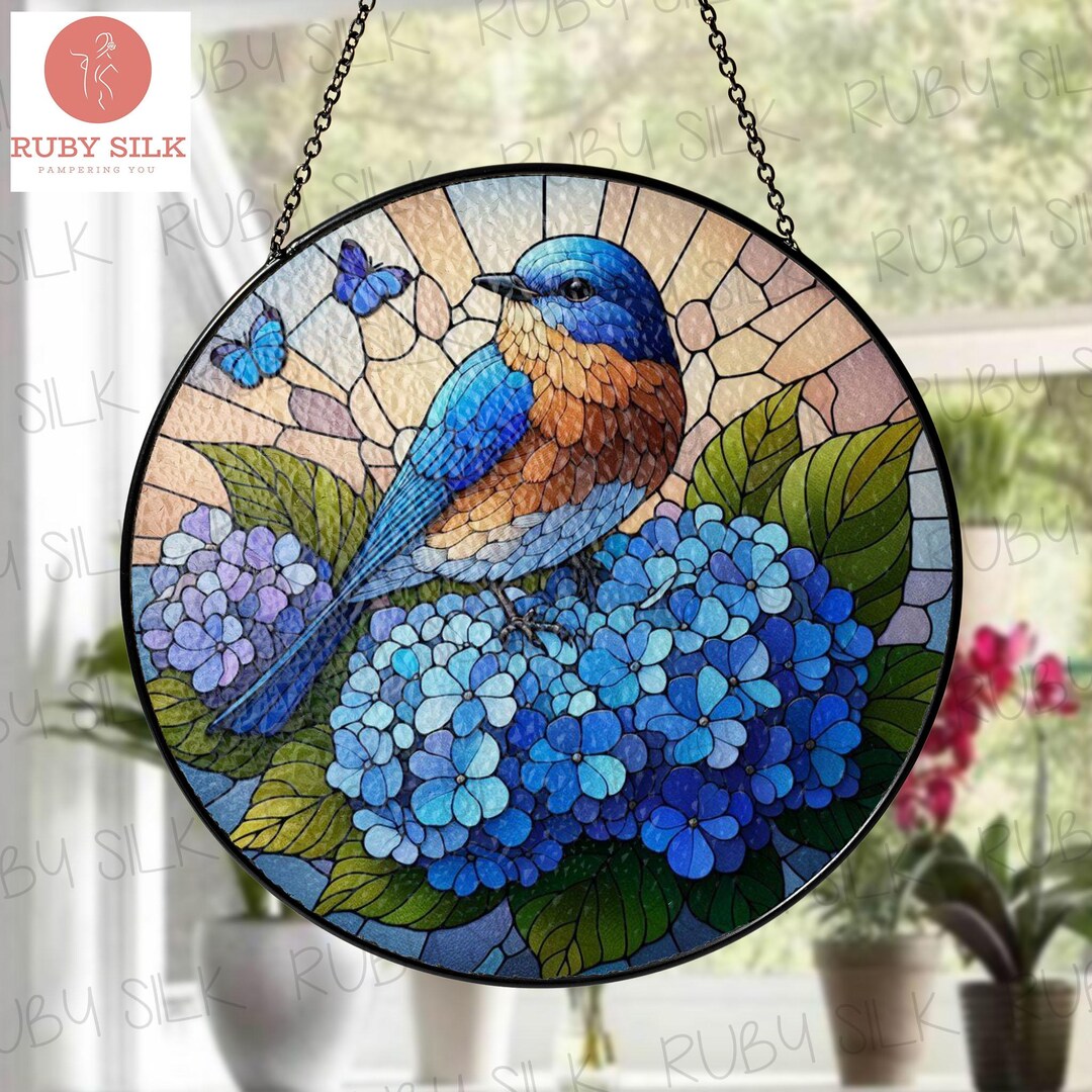 Western Bluebird With Hydrangea Flower GLASS, Blue Bird Decor, Blue ...