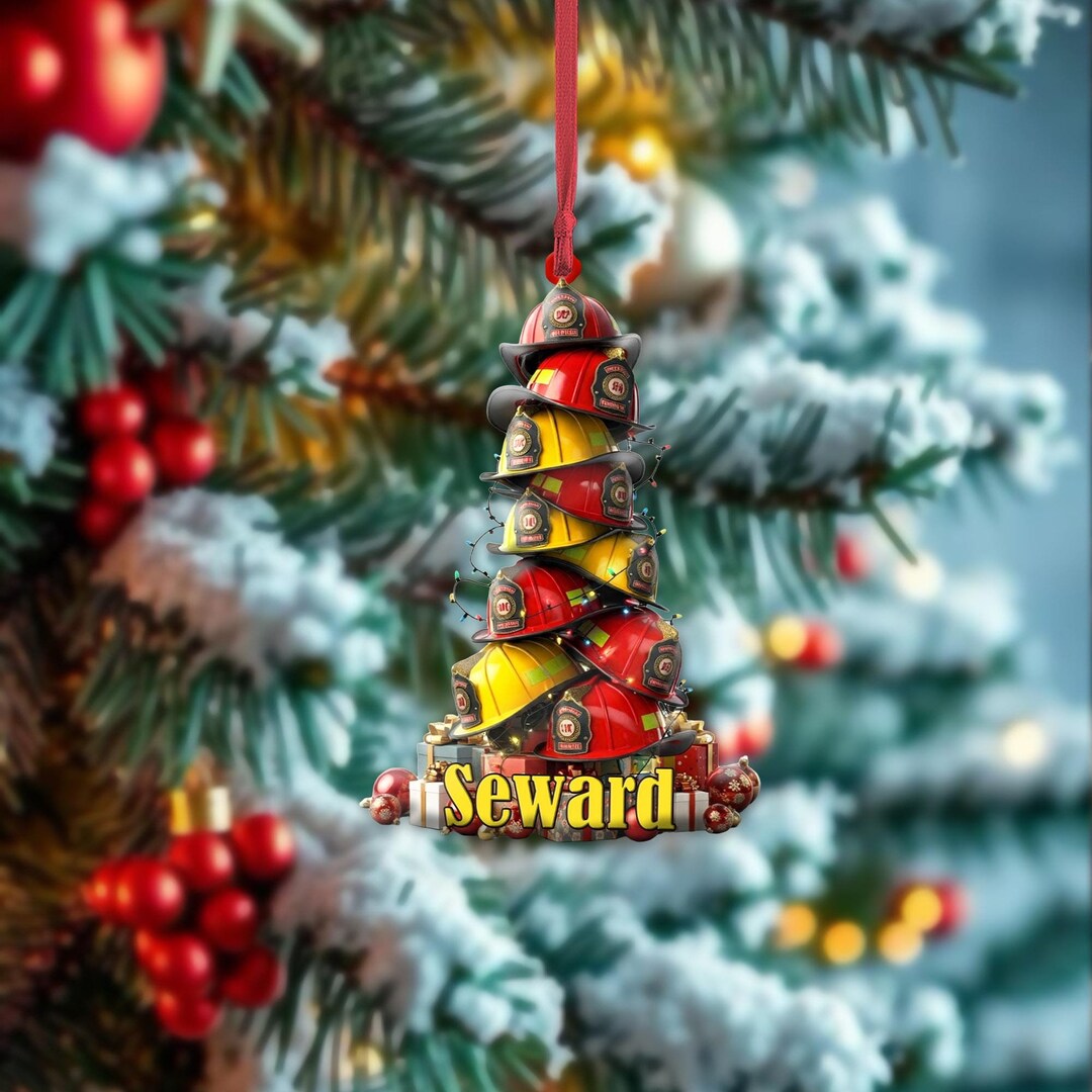 PERSONALIZED Christmas Firefighter Helmet 2D FLAT Ornament, Xmas Tree ...