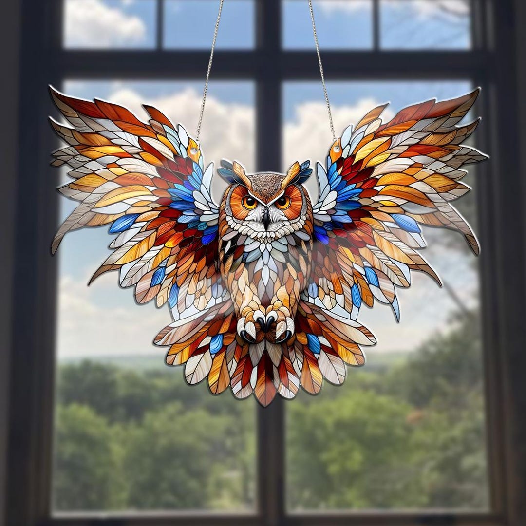 Flying Owl ACRYLIC Window Hanging, Artistic Owl Decor, Owl Home Gift ...