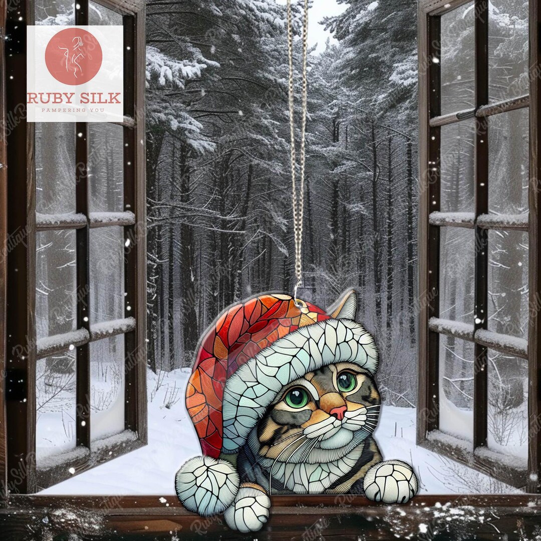 Peeking Tabby Cat ACRYLIC Window Hanging,xmas Tabby Cat, Funny Xmas ...