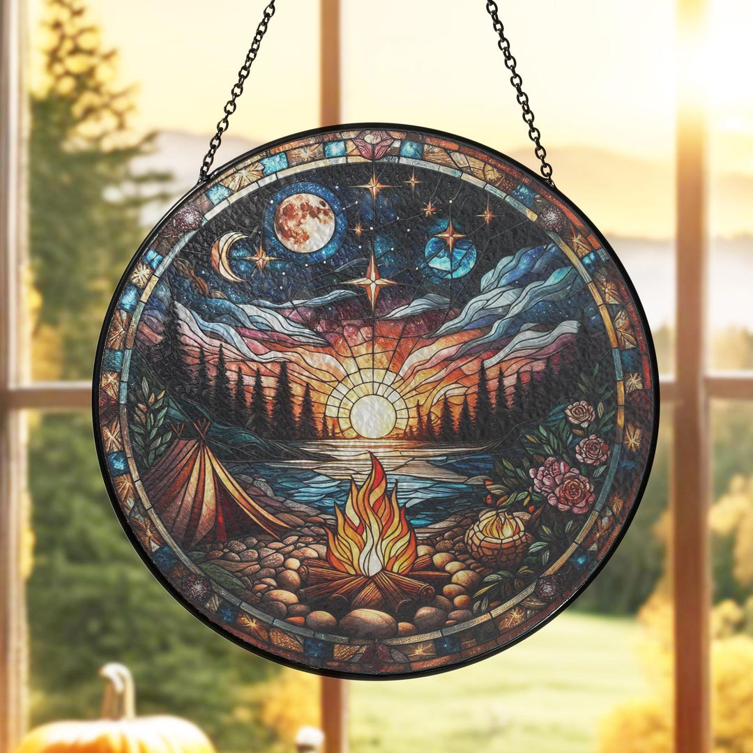 Starry Camp Fire STAINED GLASS, Forest Mountain Decor, Night Tent ...