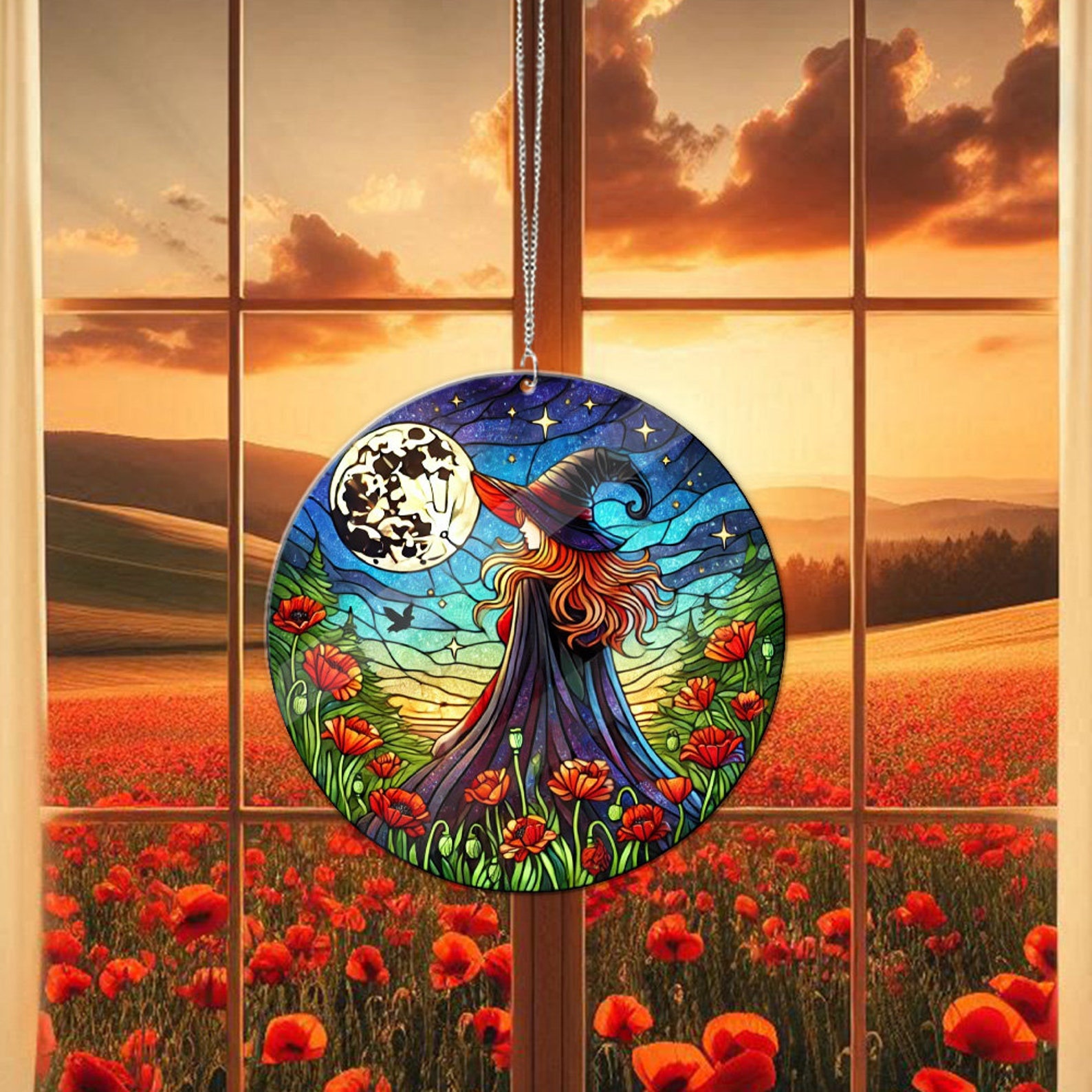 Witch Among Flower Garden ACRYLIC Window Hanging, Witch Halloween ...