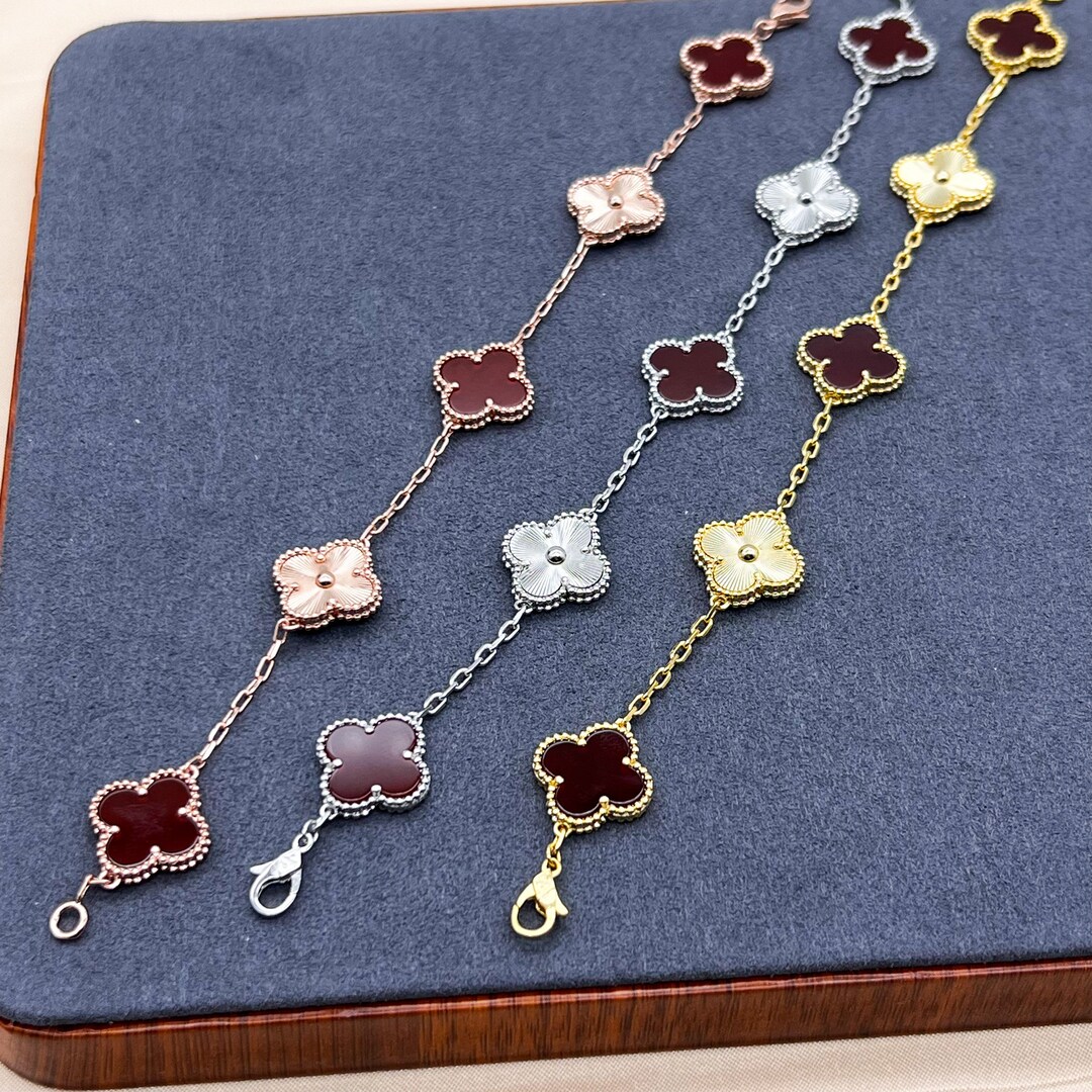 Onyx & Cz 18k Gold 5 Clover Flower Bracelet 925 Silver 18k Gold Plated ...