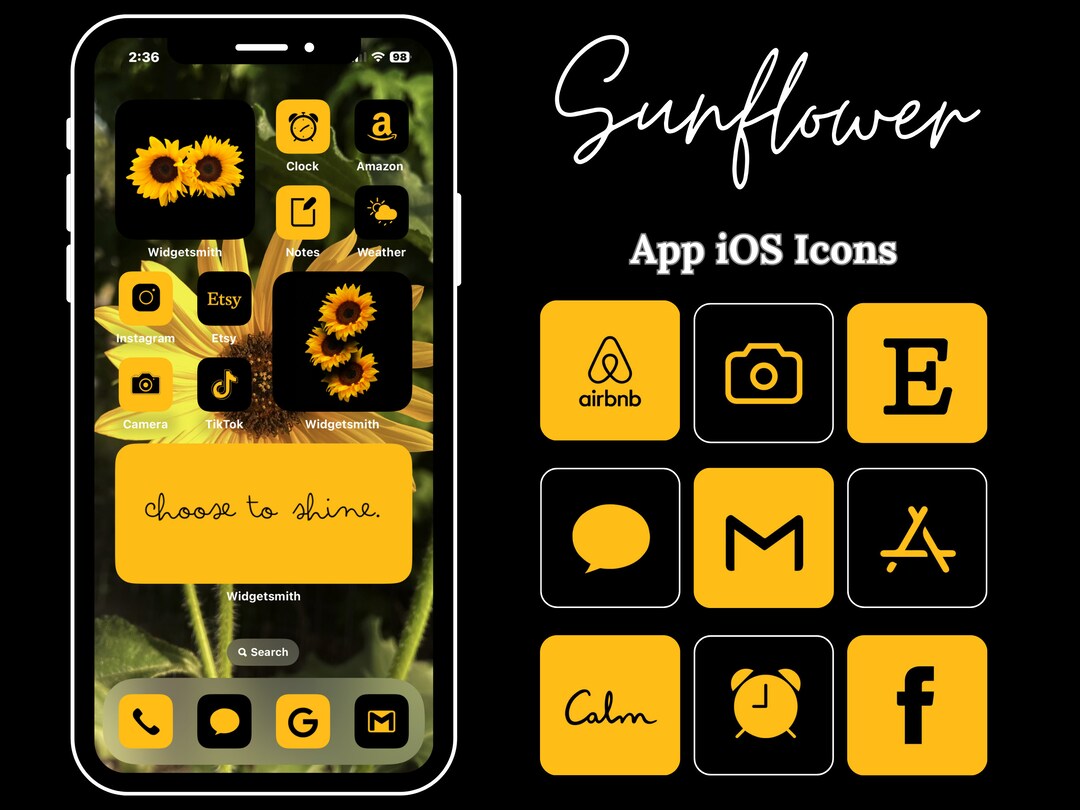 Sunflower Theme Yellow and Black Ios App Icons - Etsy