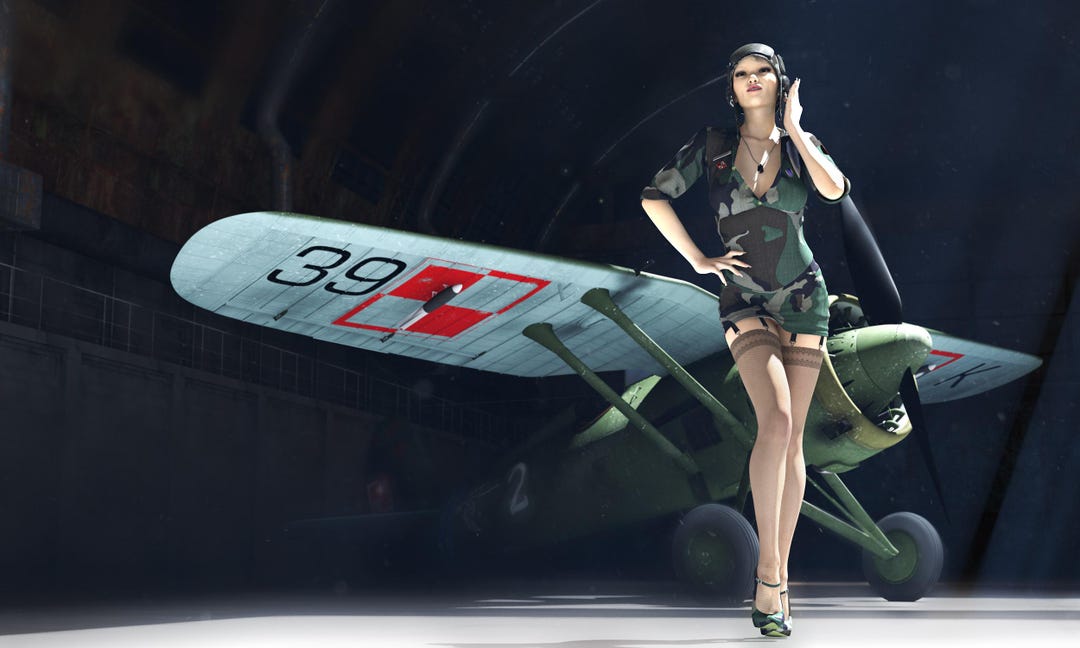 The Hangar, Oil Painting of a Beautiful Pinup Girl Walking Out of an ...