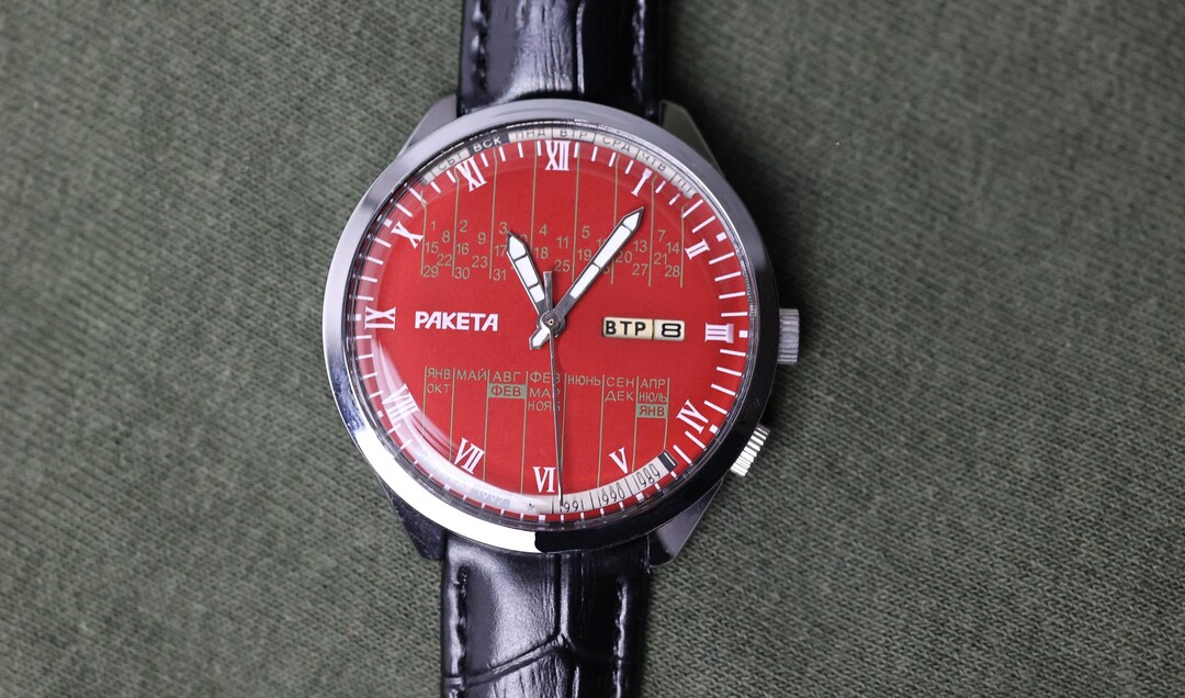 Red Watch Raketa Multi Year Calendar, Raketa College Watch, Raketa Cal ...