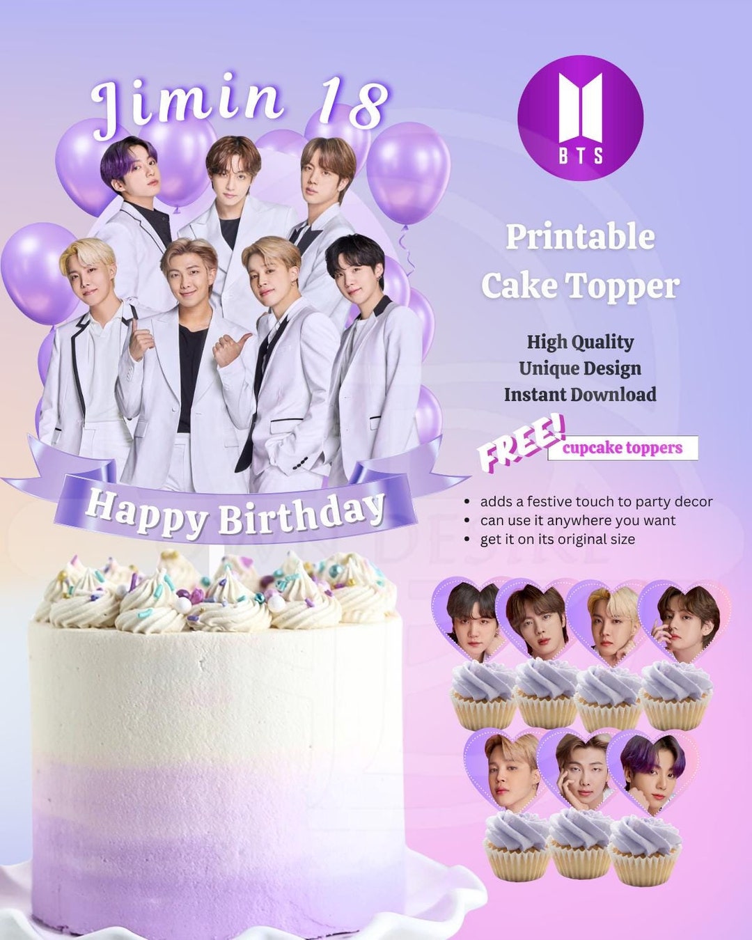 Personalized BTS Birthday Cake Topper & Cupcake Toppers (digital ...