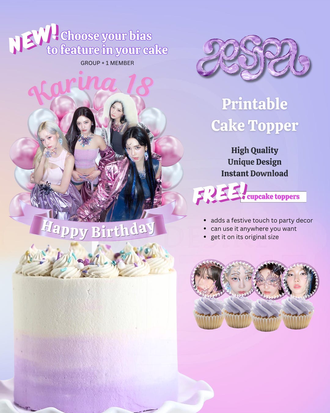 Topo de bolo de aniversário AESPA personalizado, cupcake Decoração para ...