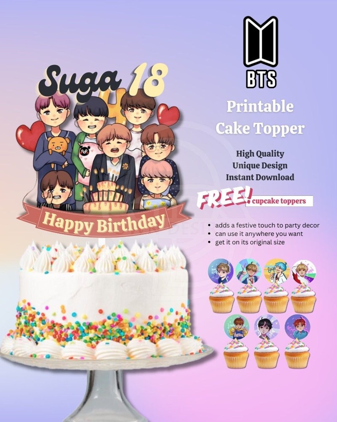 Personalized BTS Birthday Cake Topper | Free Cupcake Toppers | Kpop ...