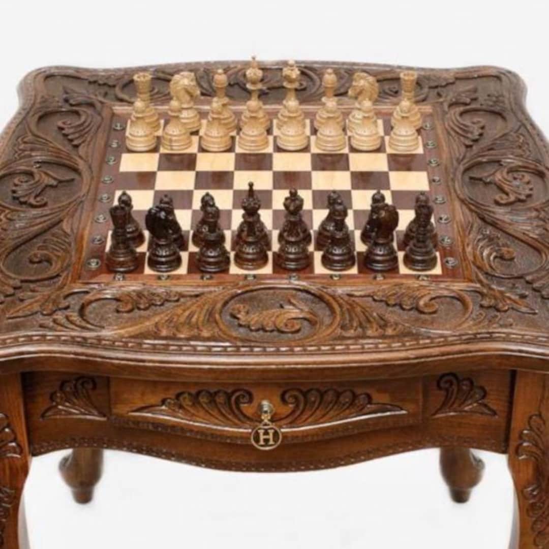 Handmade Wood Chess Table Set – Unique Game Table With Walnut Chess ...