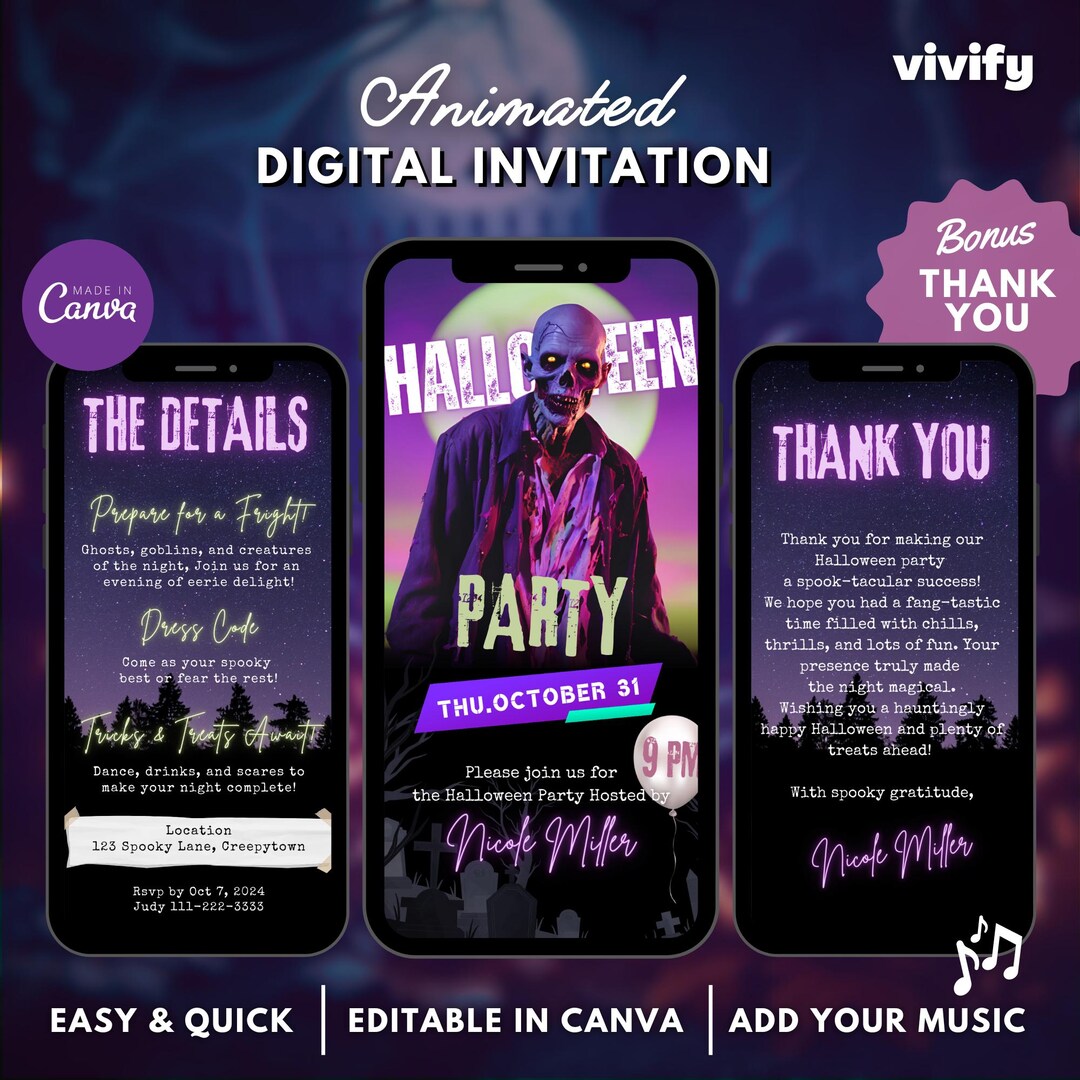 Digital Halloween Party Invitation, Animated Zombie Spooky Halloween ...